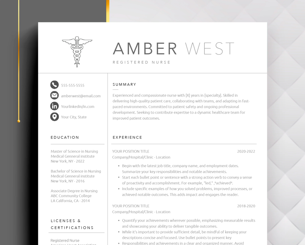Nurse Resume Template & Cover Letter for Google Docs Word and Pages ...