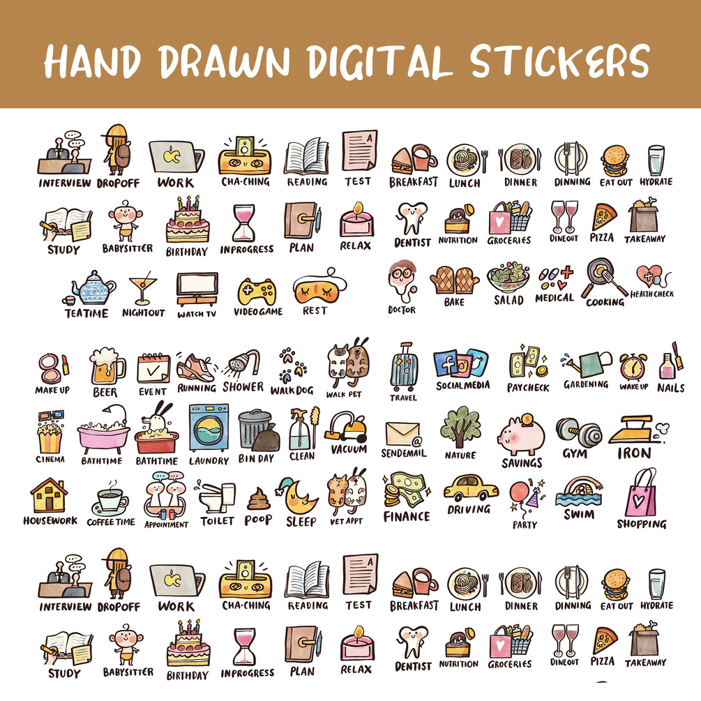 Everyday Life Watercolor Pre-cropped PNG Digital Stickers Icon for ...