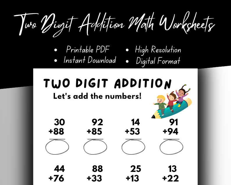 Two Digit Addition Math Worksheets Printable PDF | Instant Download ...