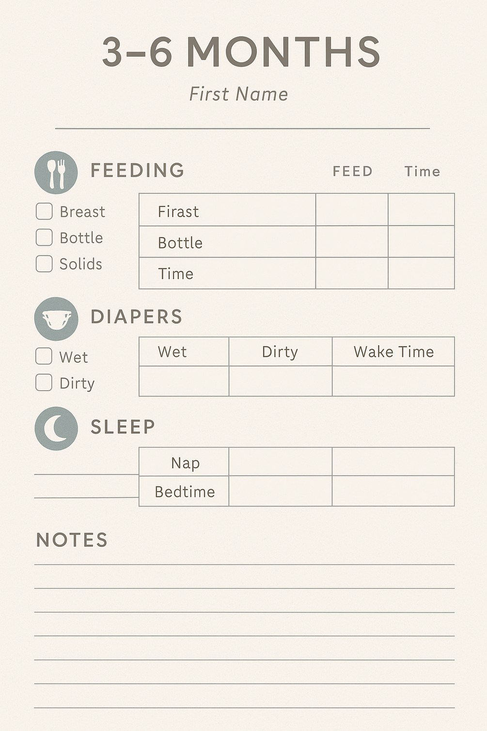 Baby Tracker Printable 3 - 6 Months | Feeding, Diaper, Sleep & Notes ...