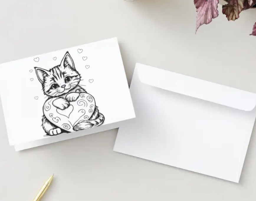 Printable Cat Valentine’s Day Coloring Cards | Cute Cat Cards for Kids ...