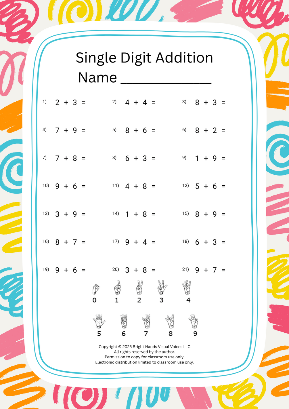 Horizontal Addition Practice Workbook with ASL Numerals (50 Pages)