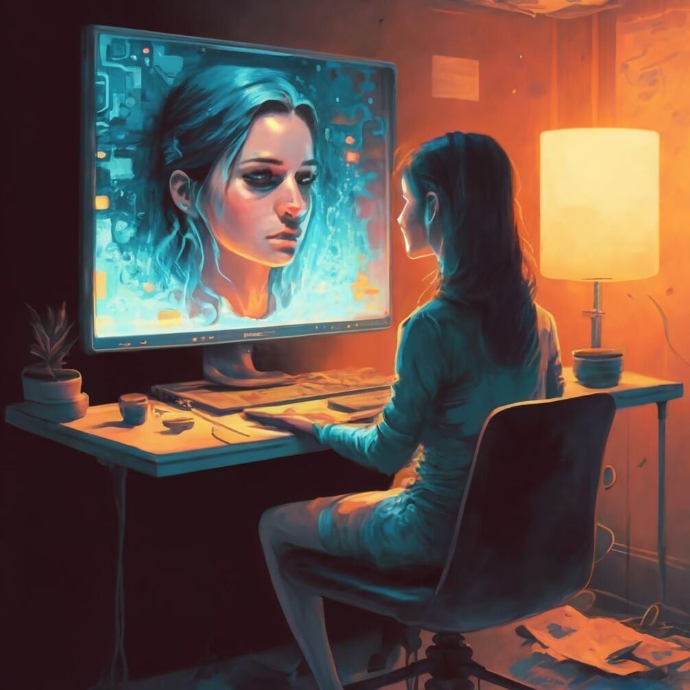 Erasure in Progress”: Visualize a woman sitting at a computer, her ...