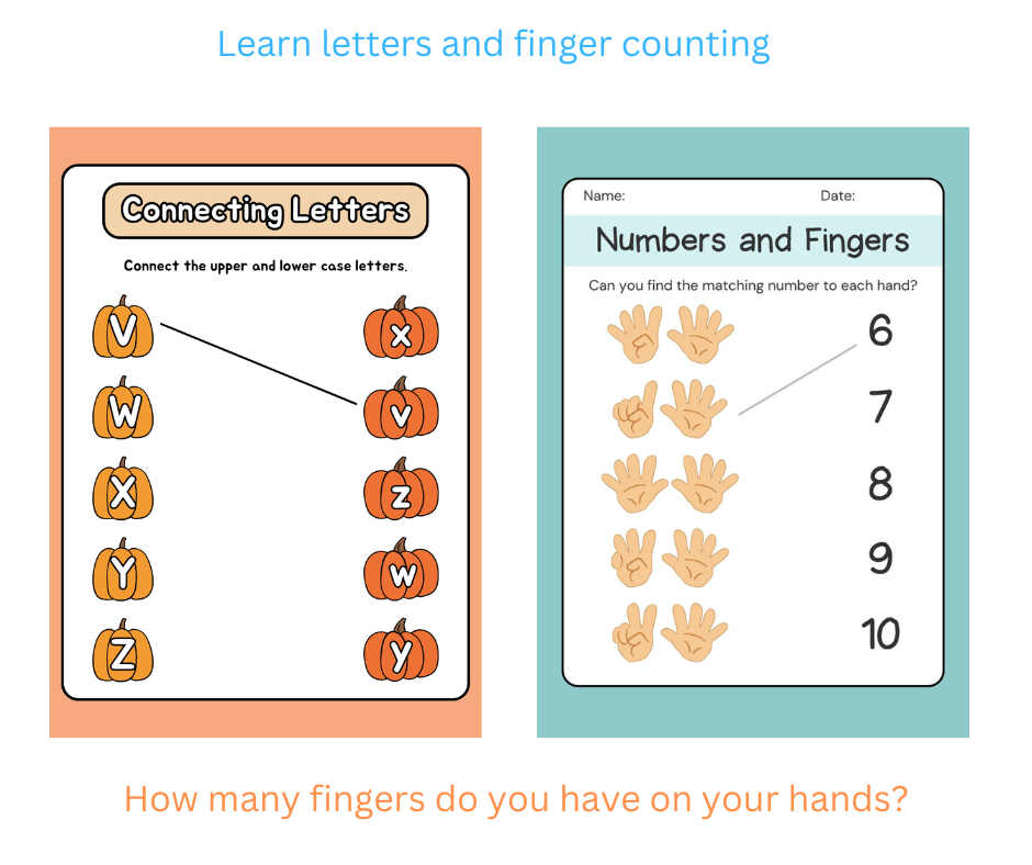 Learn to connect letters and how many fingers there are on your hand