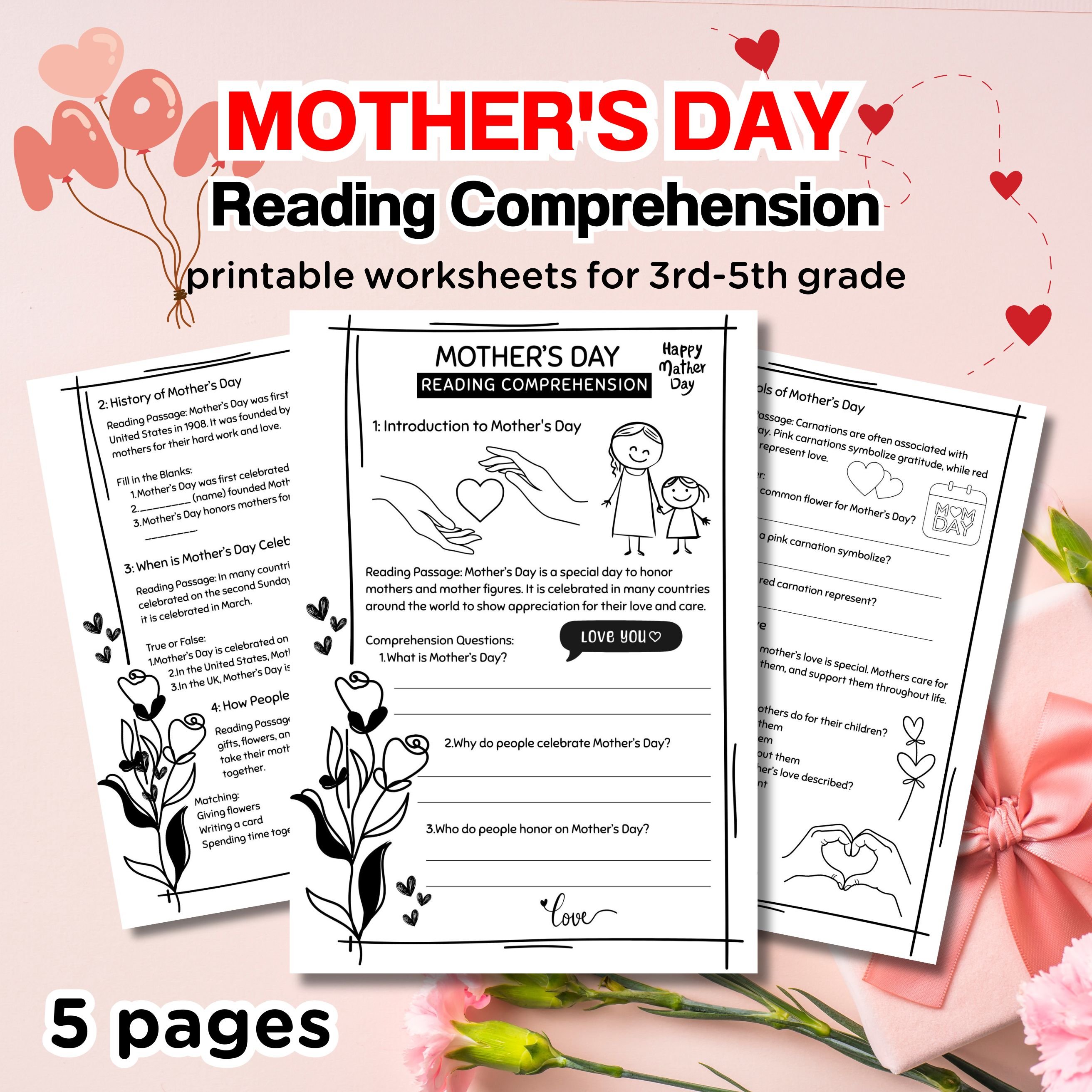Mother's Day Reading Comprehension Worksheet for 3rd-6th Grade, Writing ...