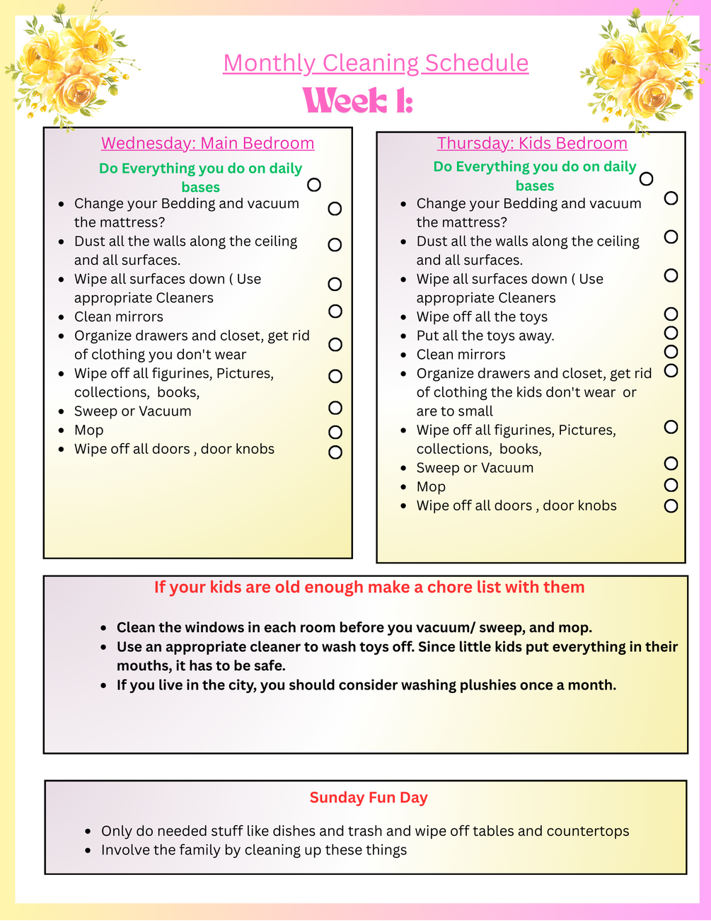 Printable Cleaning Schedule | Bright Pink and Yellow gradient