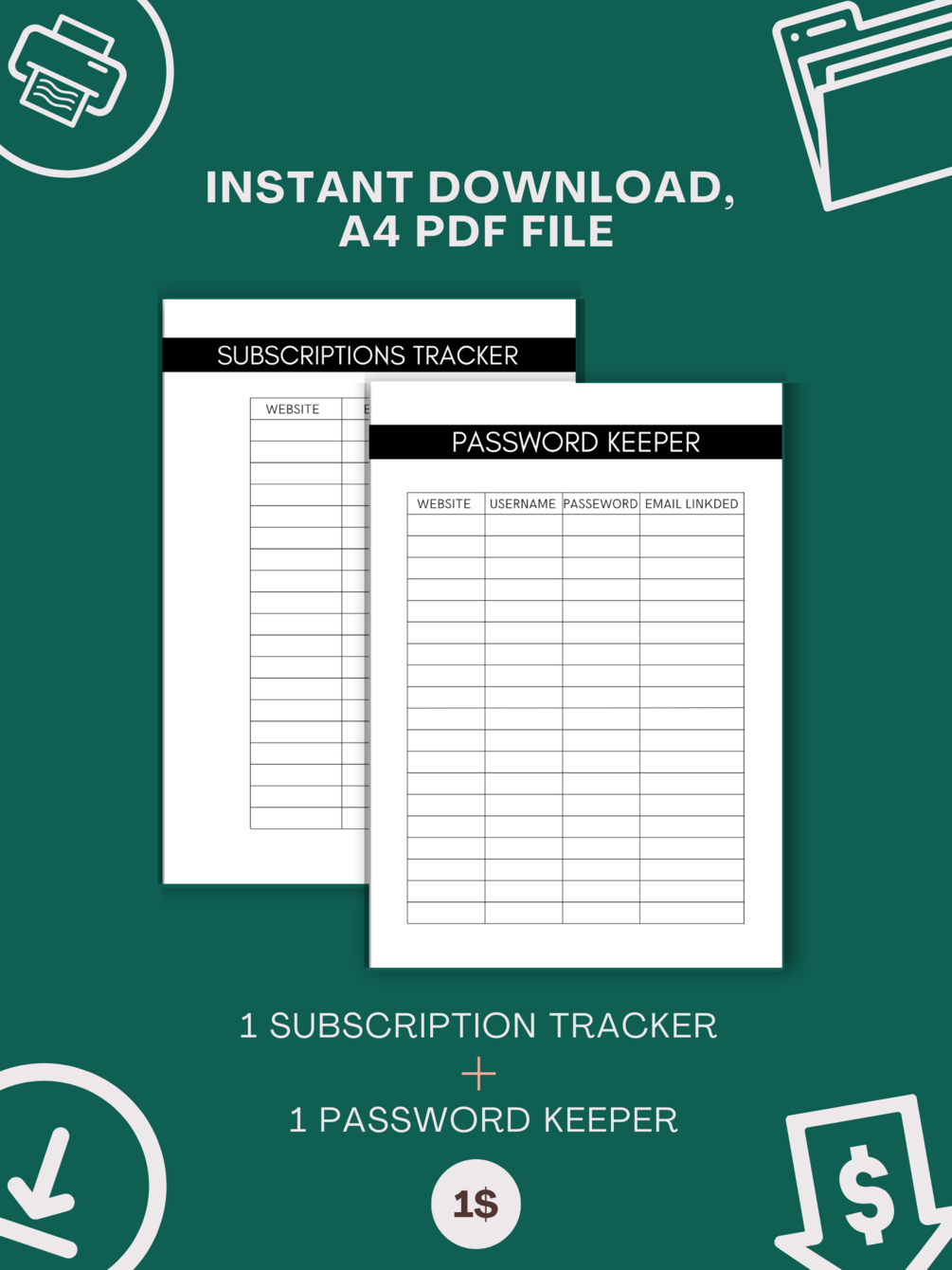 Subscription planner, Password Keeper Template Printable | Instant ...