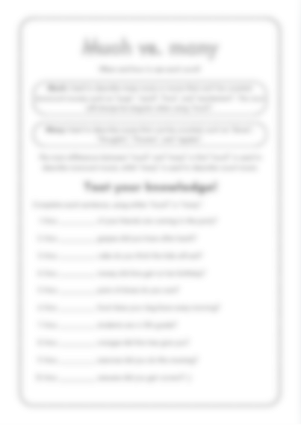 "Much vs. Many" Worksheet
