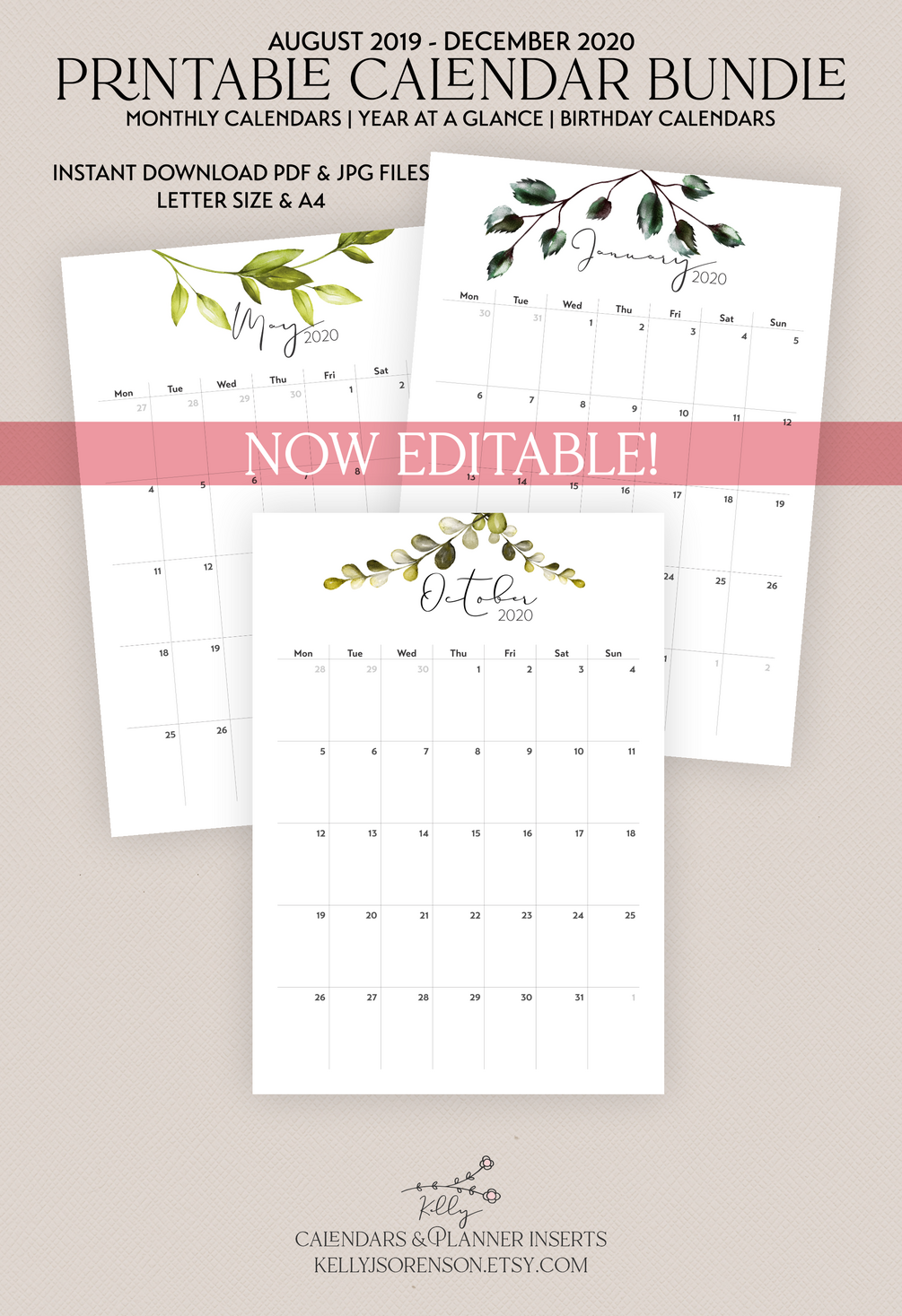 2020 Botanical Wall Calendar Bundle | Editable & Printable | Includes a ...