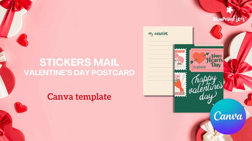 Stickers Mail Happy Valentine's Day Card Canva Template Design