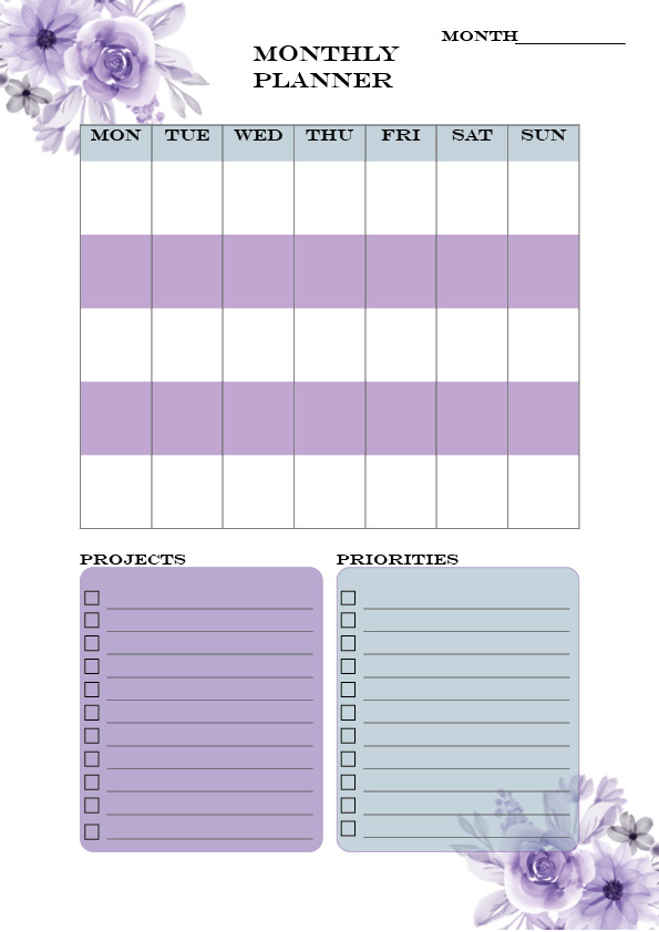 Purple monthly planner, Purple monthly work planner, Purple timetable ...