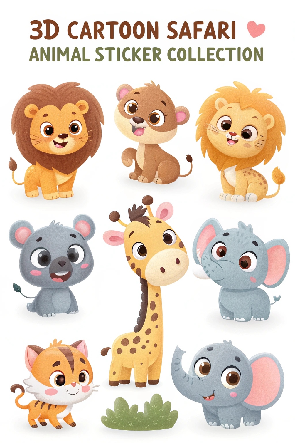 3D Cartoon Safari Animal Sticker Collection