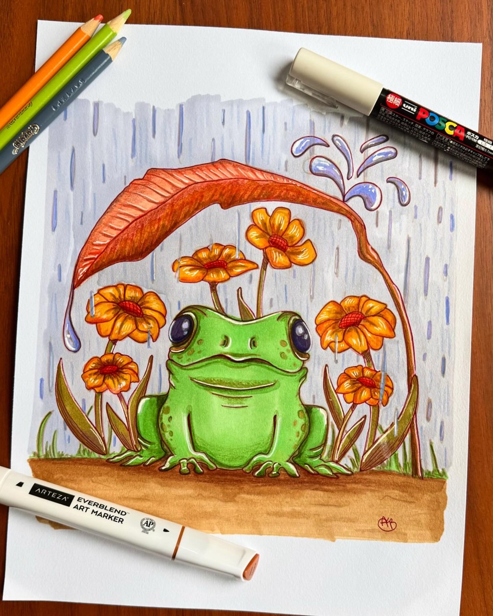 Happy Frog in the Rain Coloring Page
