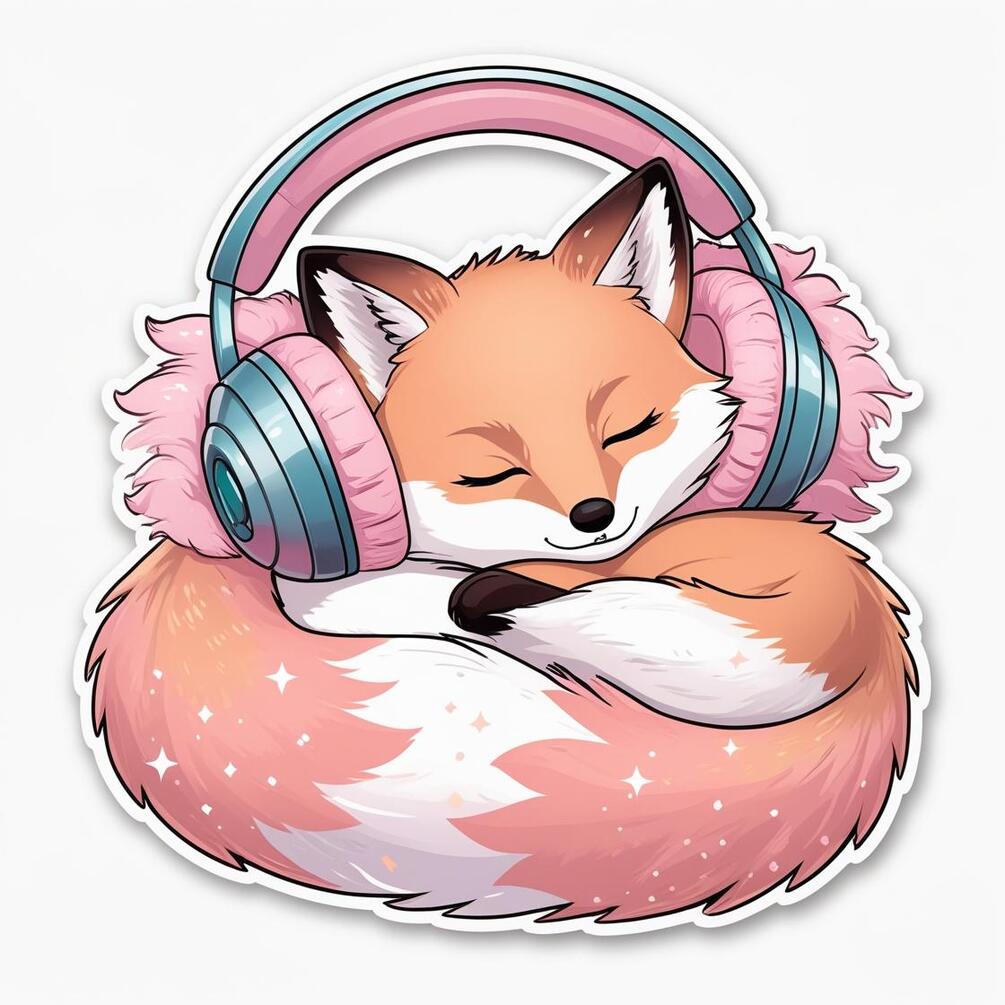 Sleepy Gamer Fox Sticker - Kawaii Pink Headset Anime Style