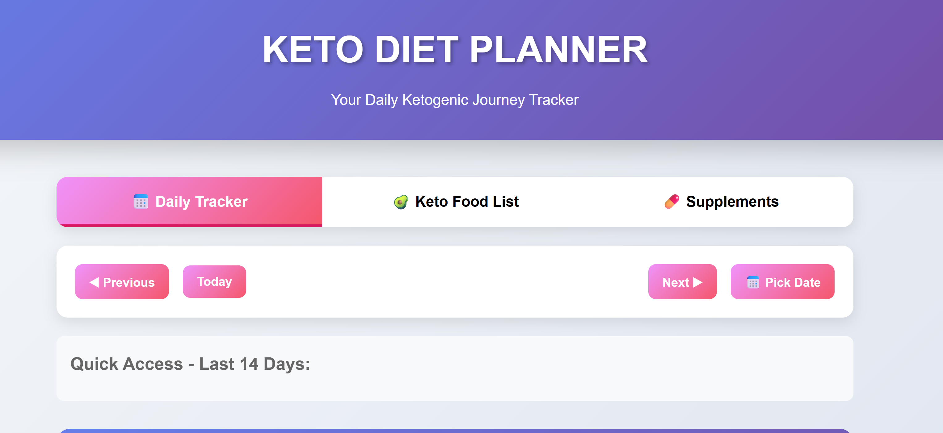Keto - No Carb Daily Diet Planner/Tracker (Digital Web App)