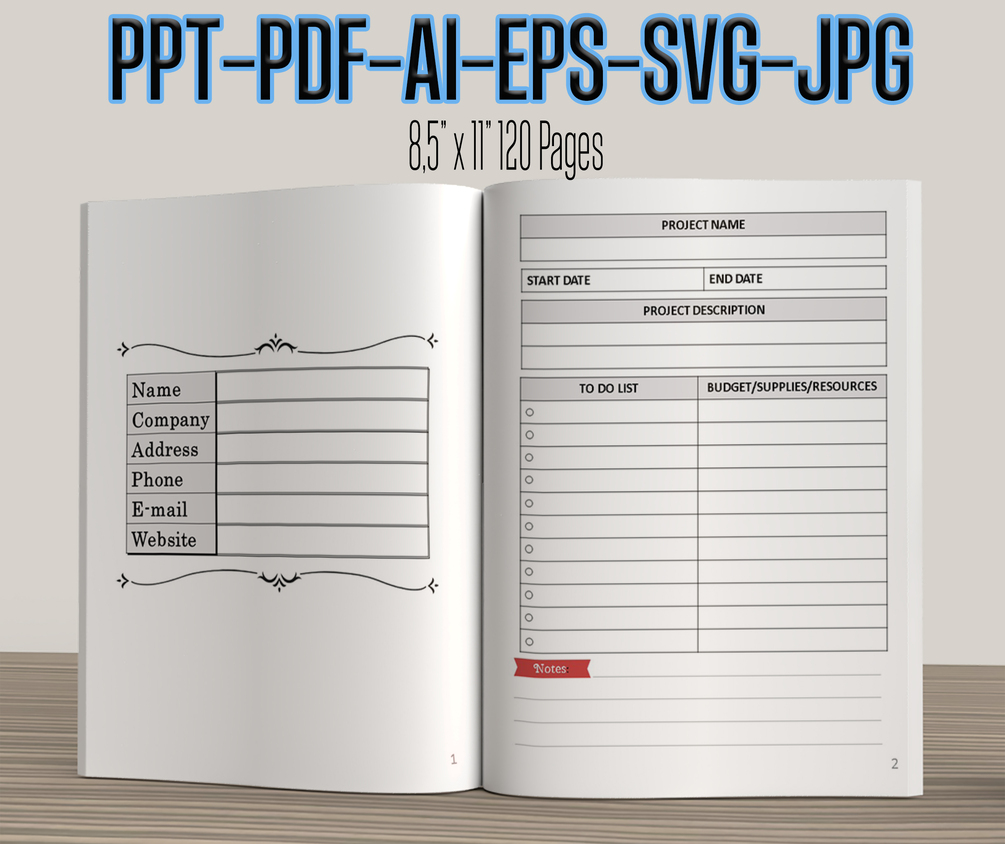 Project management notebook interior for kdp