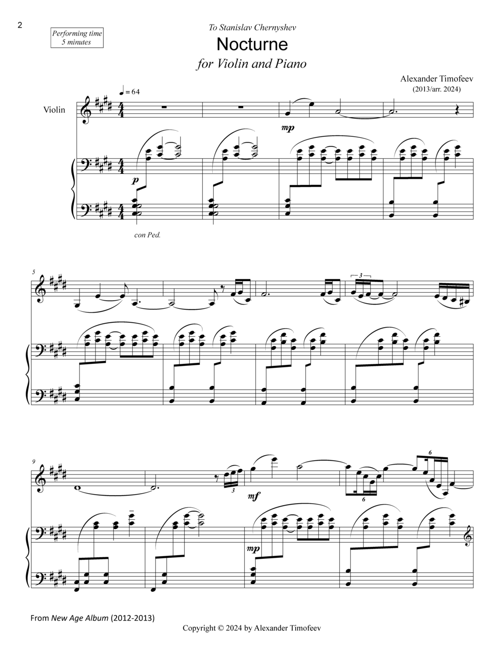 Nocturne, for Violin and Piano (2013/2024) - PDF