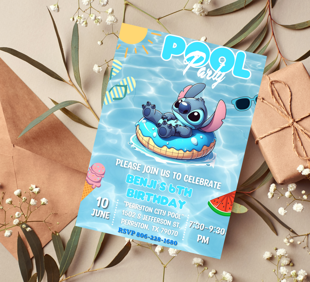 Stitch Pool Blue Swimming Ring Birthday Invitation | Fun & Customizable ...