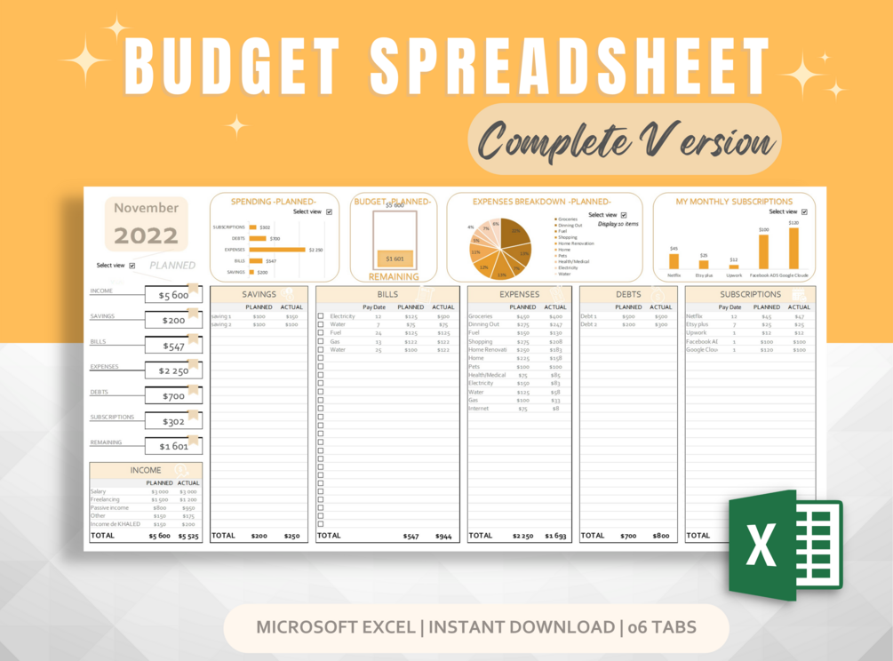 Orange Monthly Budget, Calendar, Microsoft Excel, Transactions Tracker ...
