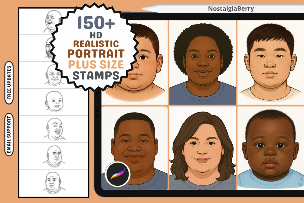 Procreate Brushes: Full Face Lineart Stamps for Portrait Study, 100+ Plus-Size Realistic Heads ...
