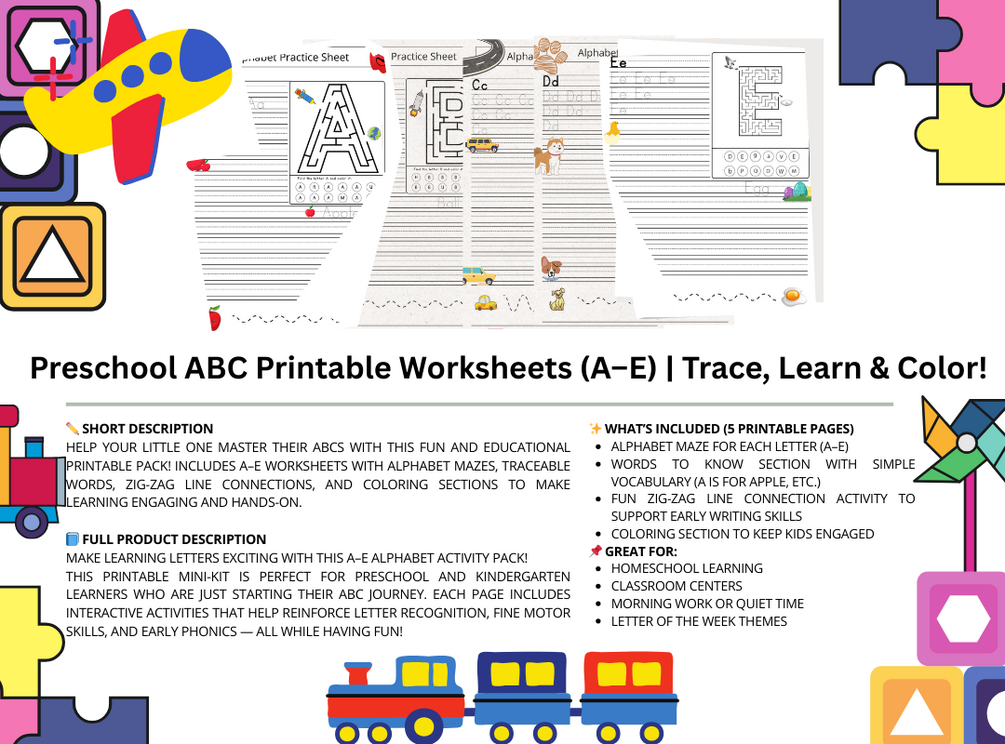 Preschool ABC Worksheets (A–E) | Trace, Learn & Color! Printable