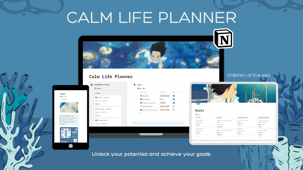 Calm Life Planner | Children of the sea aesthetic | Digital Notion Template
