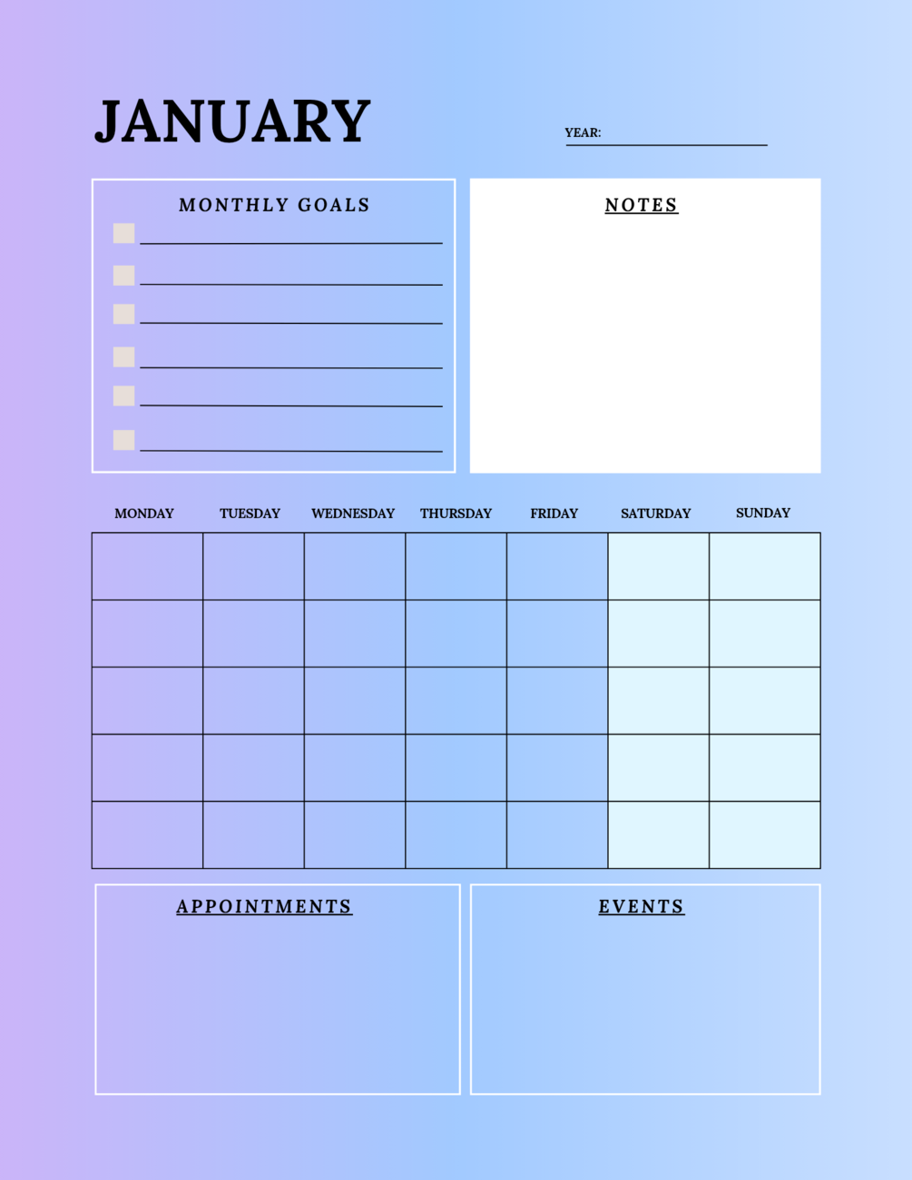 Printable Monthly Goals Calendar
