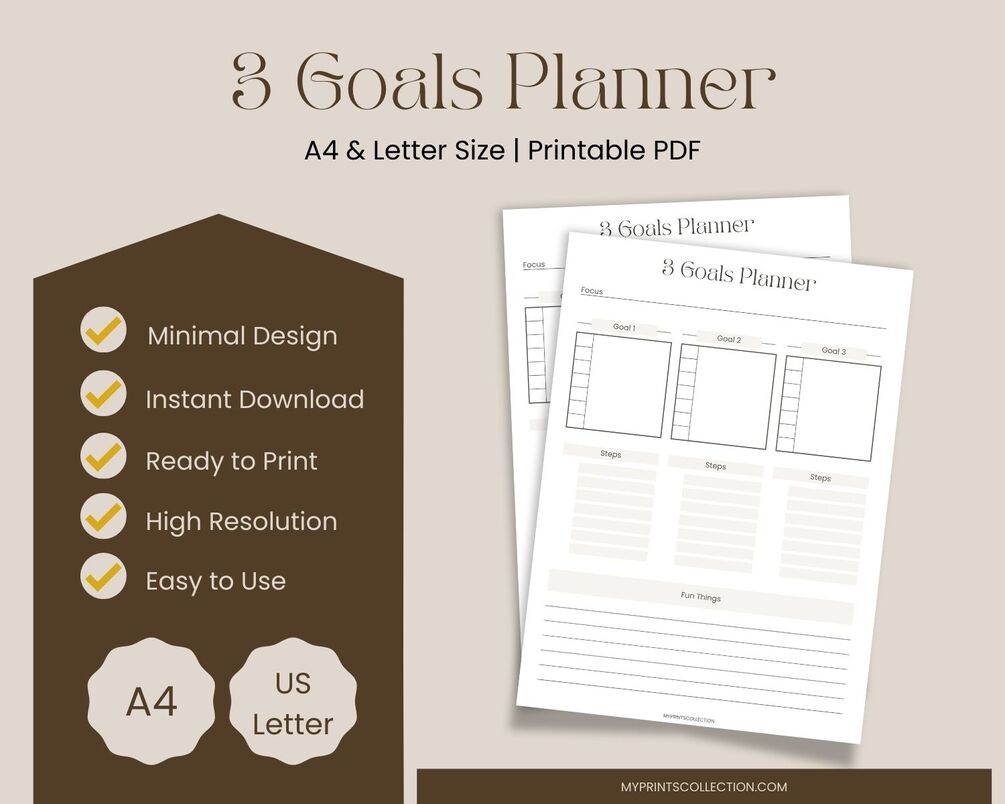 3 Goals Planner Printable | A4/Letter Size | Vertical Minimalist Daily ...
