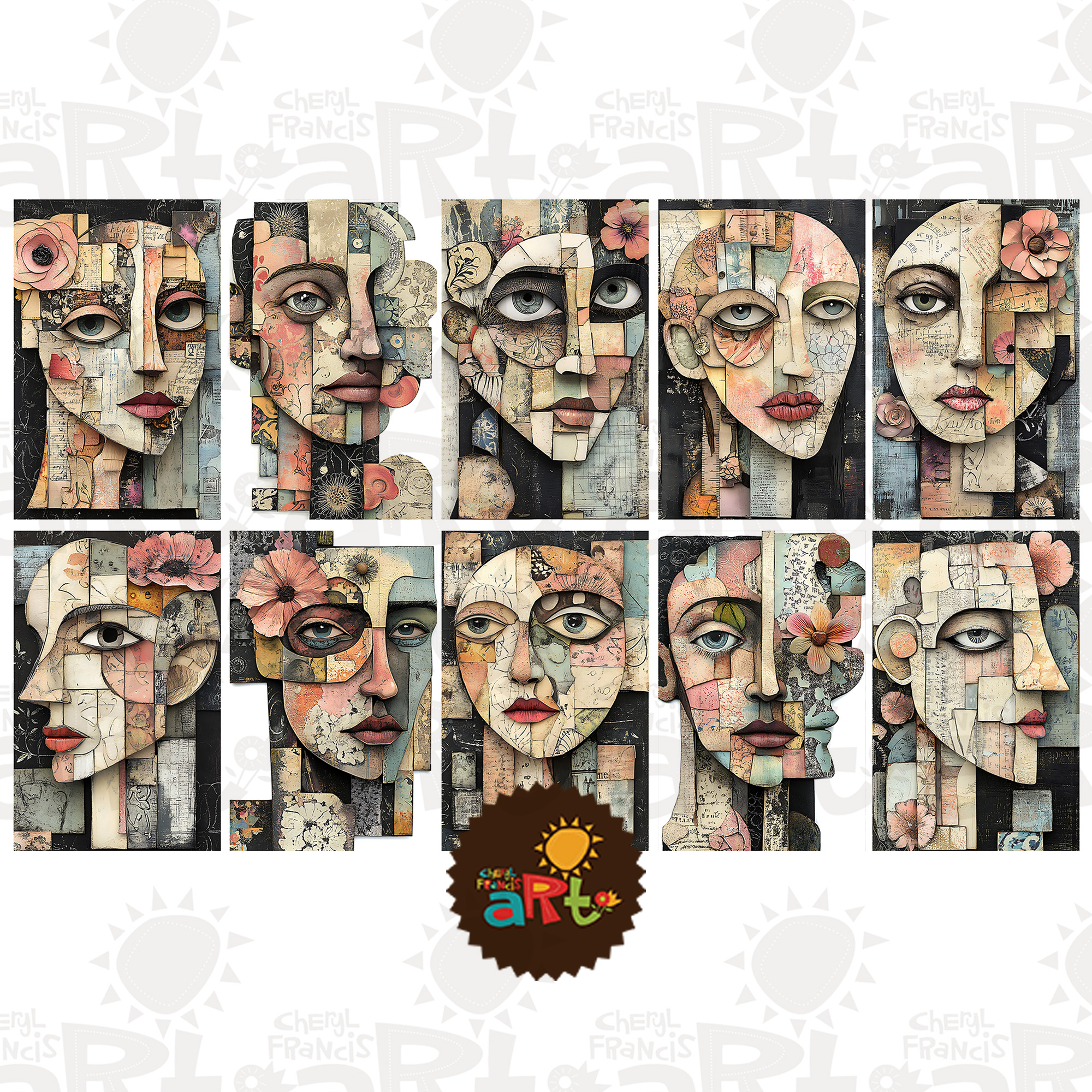 20 pc Mixed Up Abstract Face Assemblage Portrait Printable Ephemera ...