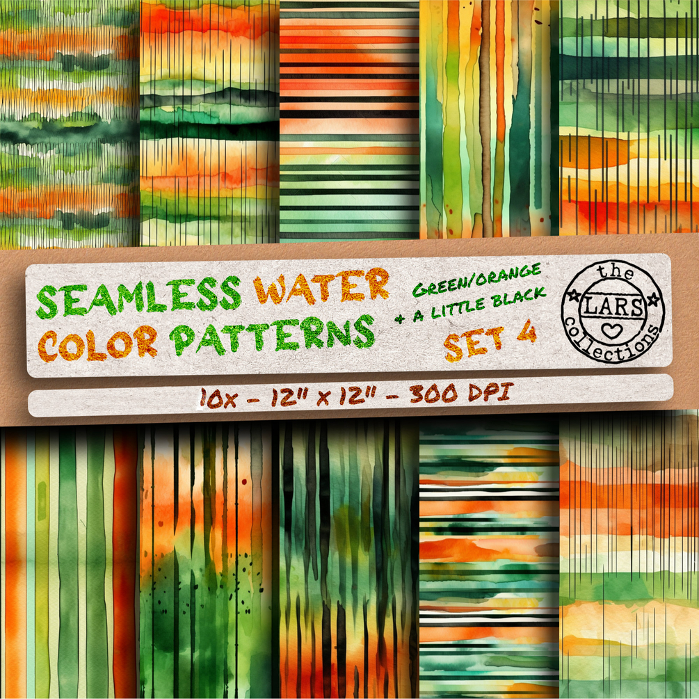 10 SEAMLESS WATERCOLOR PATTERNS - orange & green - Set 4