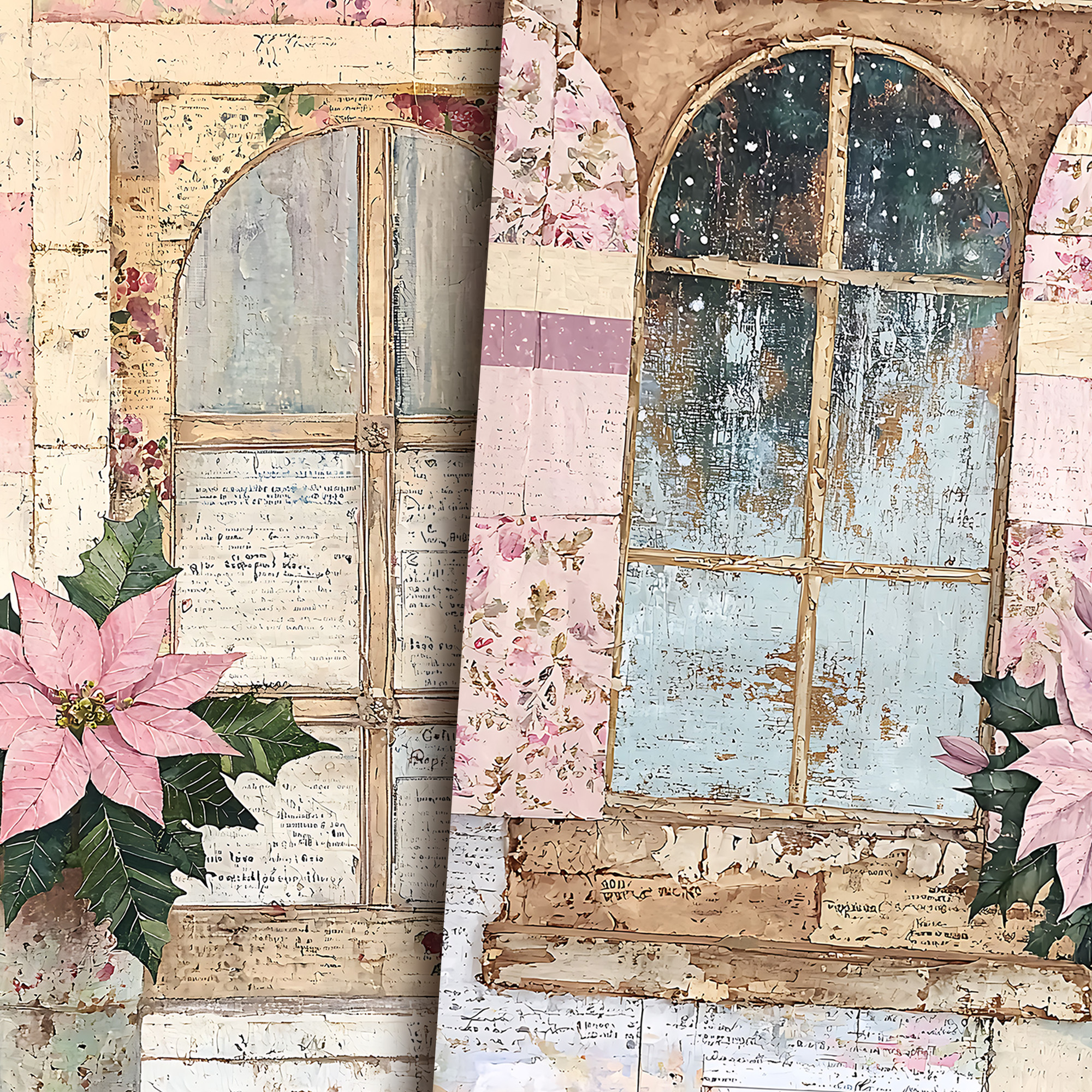 20 pc Christmas Holiday Window with Pink Poinsettia Printable Collage ...