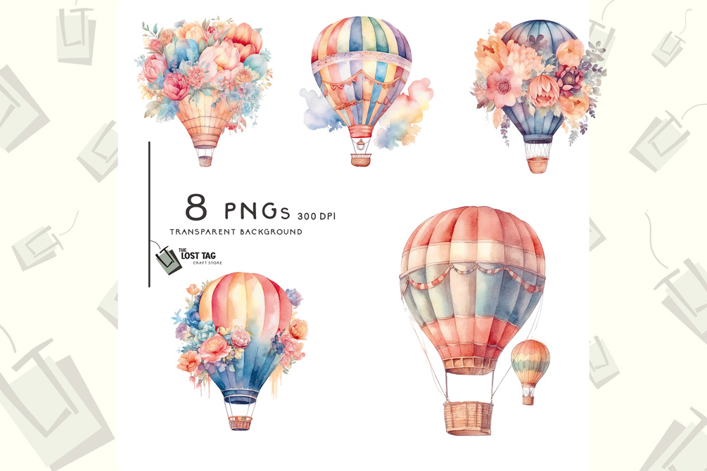 watercolor hot air balloon clipart bundle sublimation printable png