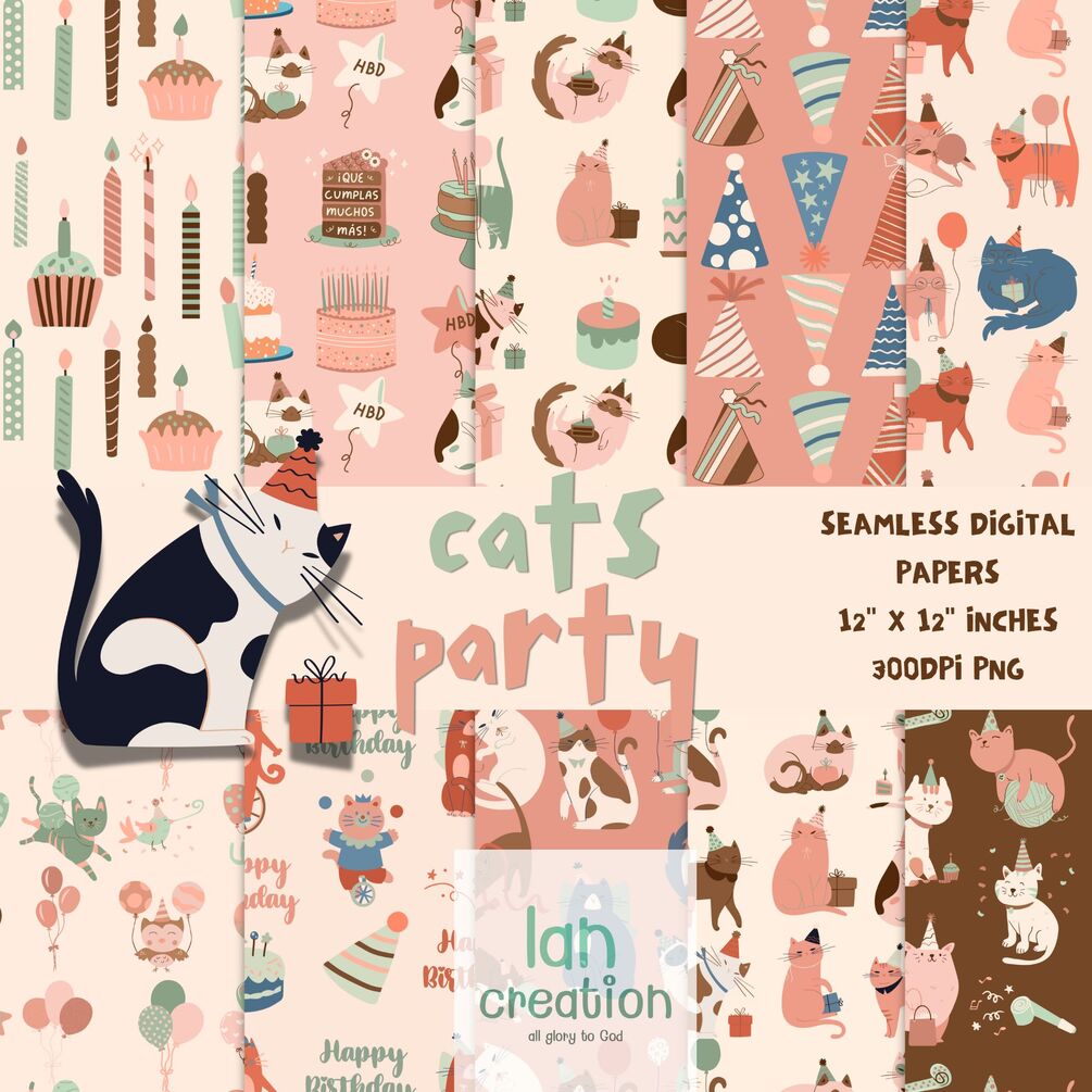 10 Cats Party Seamless Digital Papers