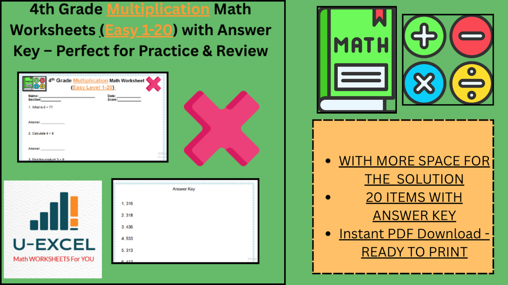4th Grade Multiplication Math Worksheets Easy with answer key - Perfect ...