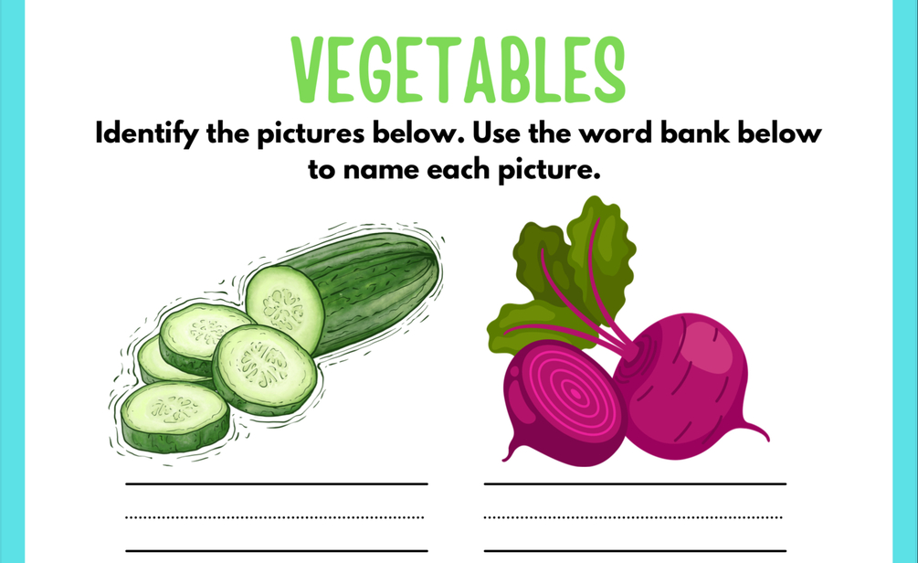 Vegetable-Themed Workbook: Coloring, Counting & Writing Activities for Kids