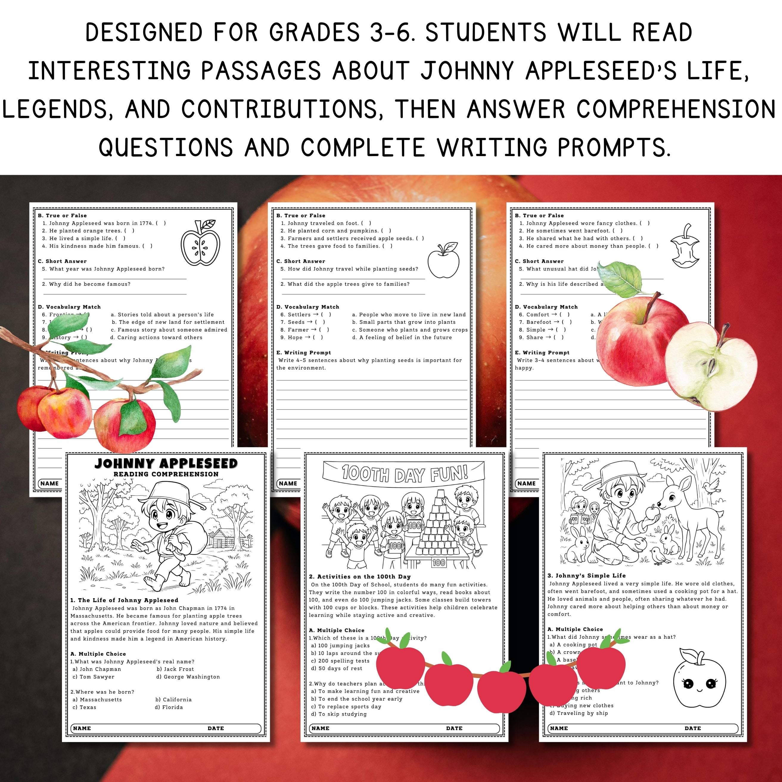 Johnny Appleseed Reading Comprehension Worksheets for Grades 3–6 ...
