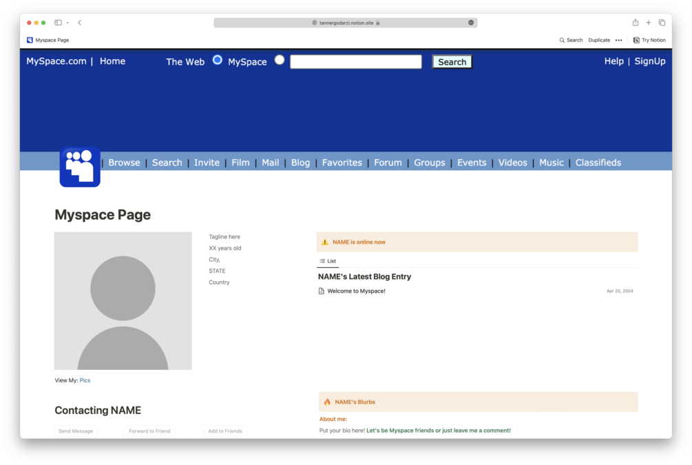 Myspace Profile Notion Template