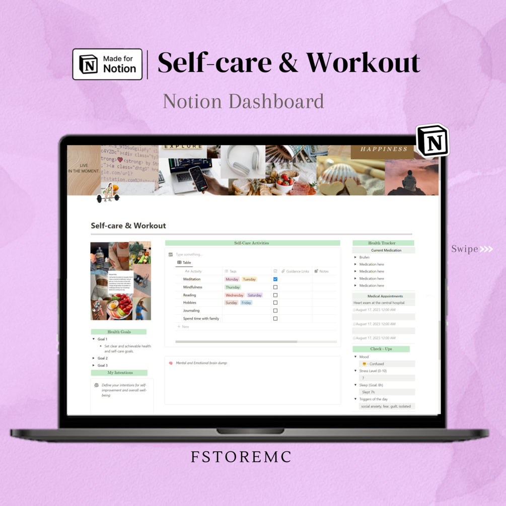 Notion fitness dashboard, Notion self care template, Notion workout ...