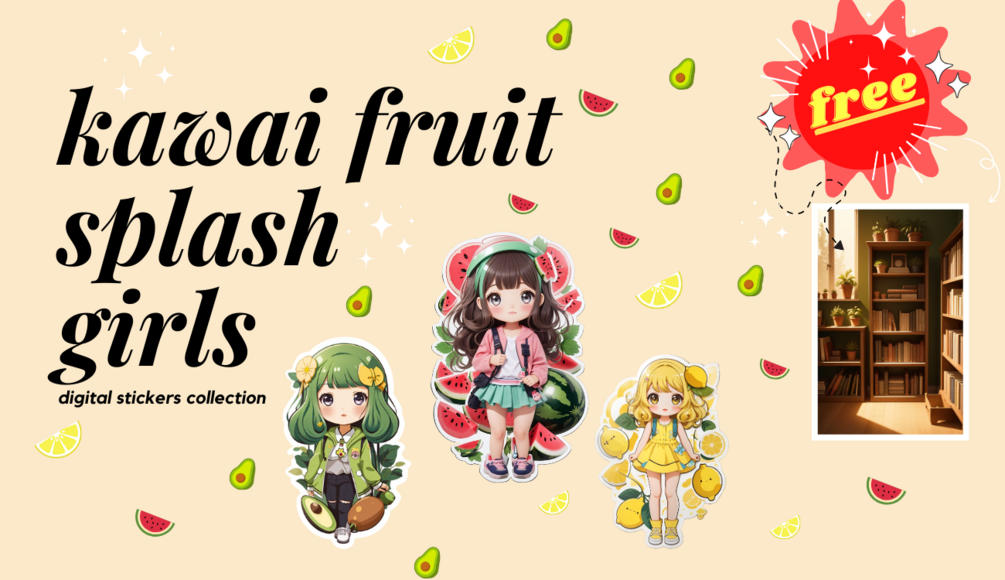 Kawai fruit splash girls Digital stickers
