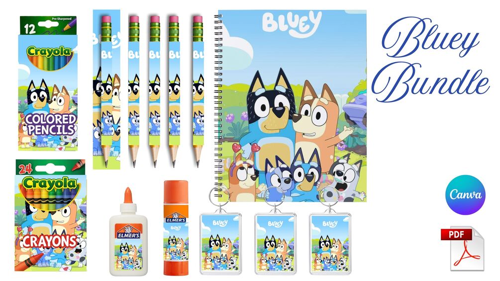 Bluey School Supply Set – Notebook, Crayon, Glue & Keychain Labels