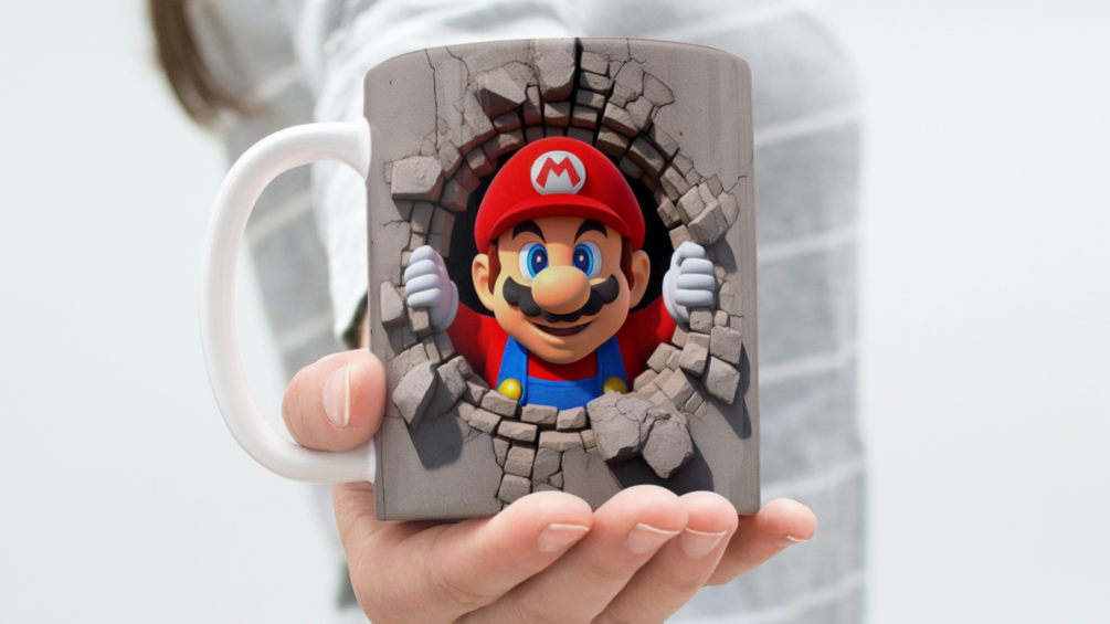 3D Effect Mario Cartoon Character Mug Wrap, 11 oz & 15 oz Mug Bundle ...