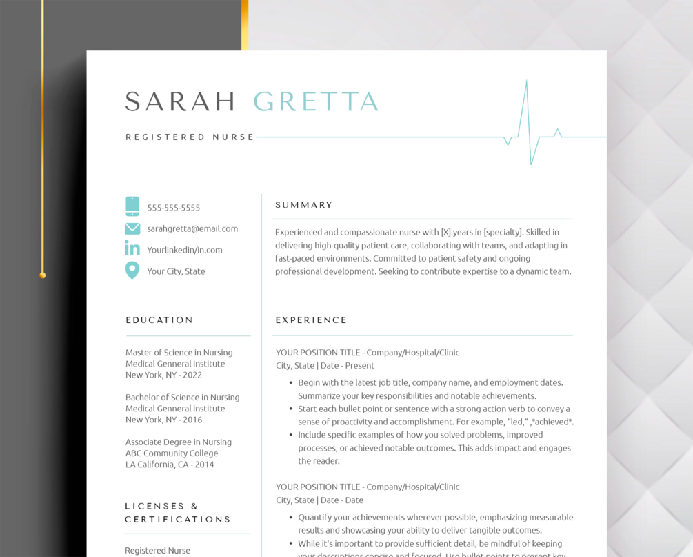 Nursing Resume Template & Cover Letter for Google Docs Word and Pages ...