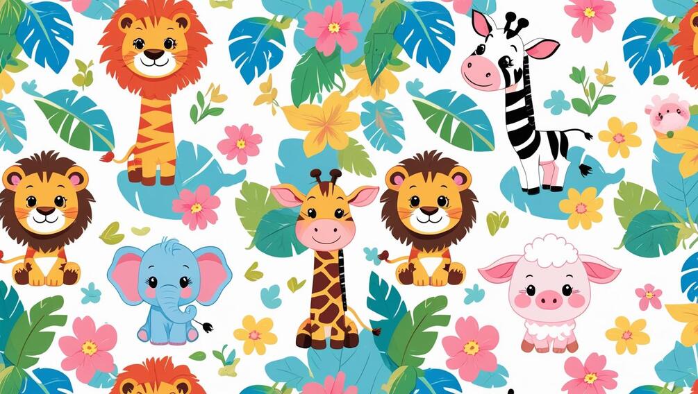 Cute Cartoon Jungle & Farm Animals Seamless Wallpaper