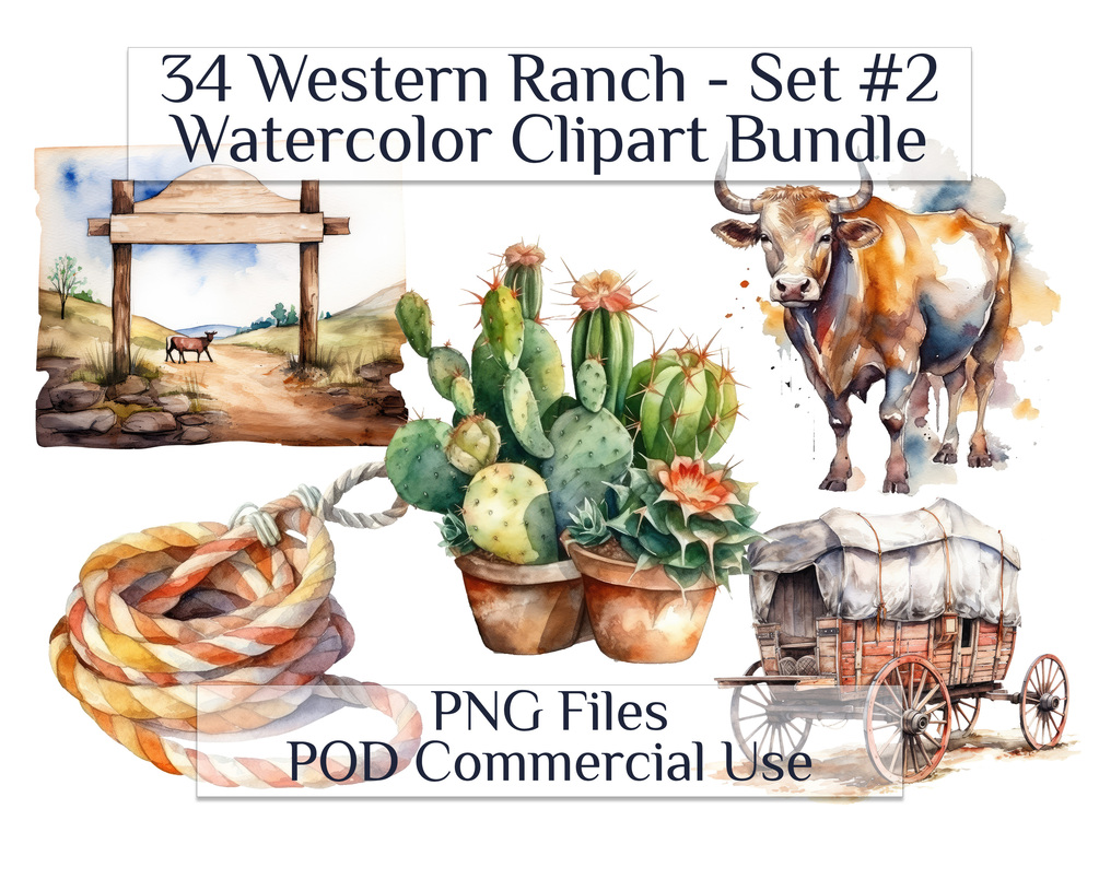Western Ranch Watercolor Clipart Set 2 , Cowboy Clip Art, Wild West ...