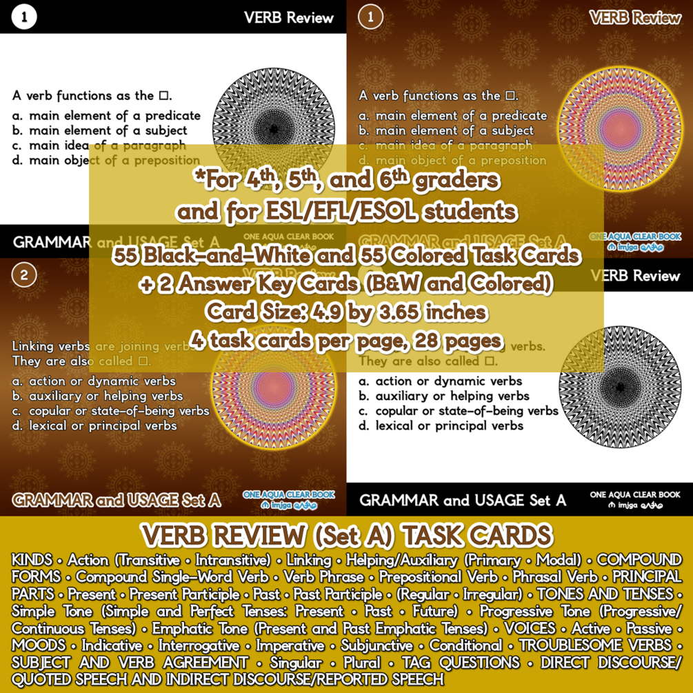 Verb Review Set A Black and White And Colored Task Cards