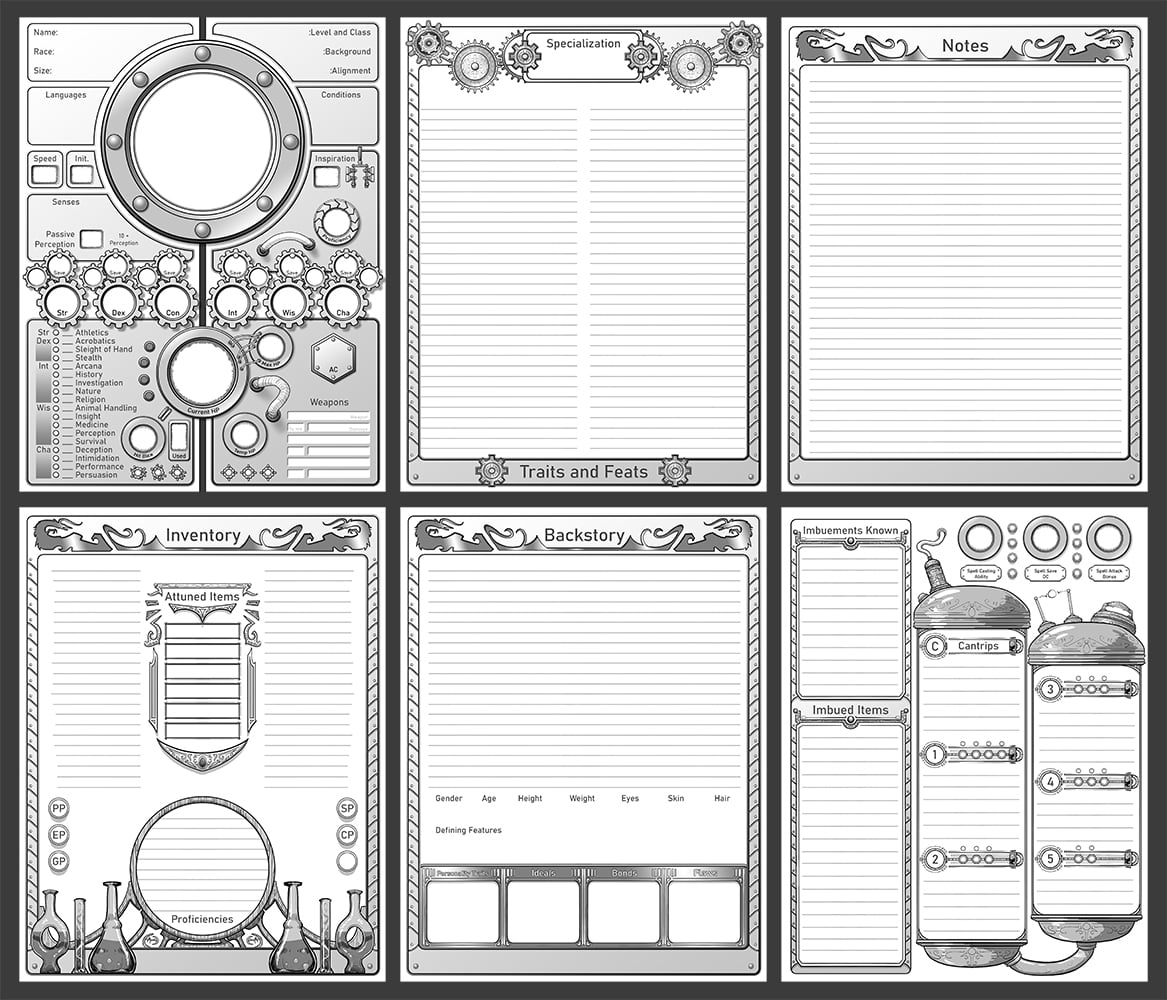 D&D 5e Artificer Character Sheet, Blueprint - Fillable PDF – Armor ...
