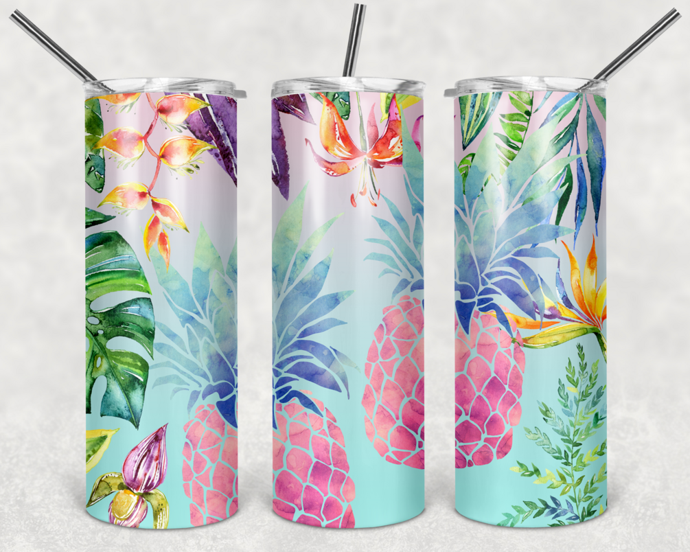 Cool Summer Beach Floral Pineapple 20oz Skinny Tumbler Sublimation ...