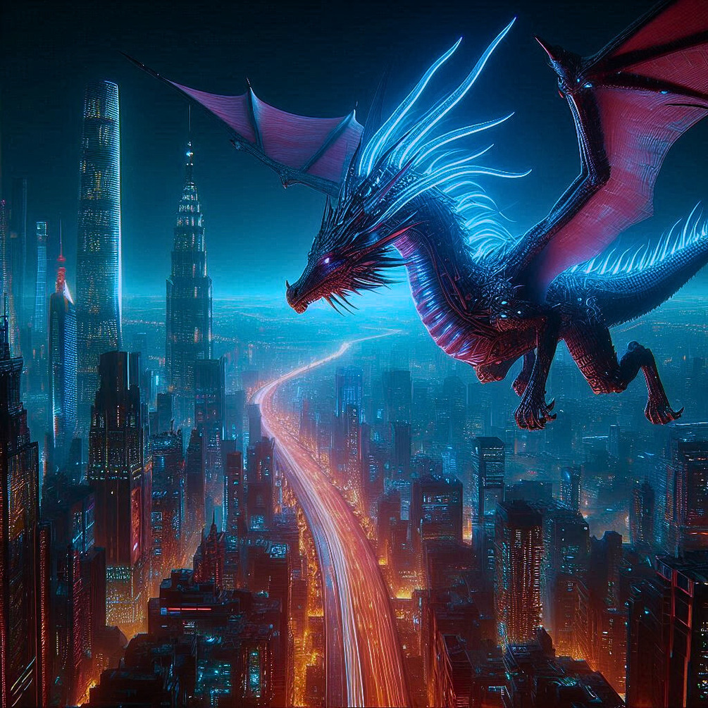 neon cyber dragon flying over a futuristic city