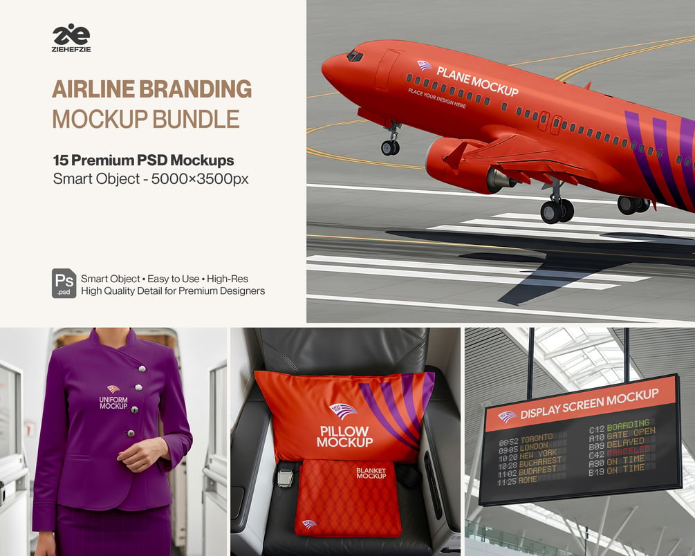 Airline Branding Mockup Bundle – Aircraft, Cabin & Airport Branding PSD