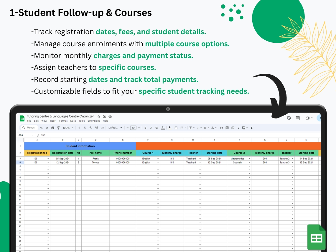 Tutoring and Language Center Business Organizer | Comprehensive Google sheet Spreadsheet for ...